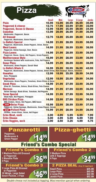 La Bella Pizzeria and Restaurant Menu